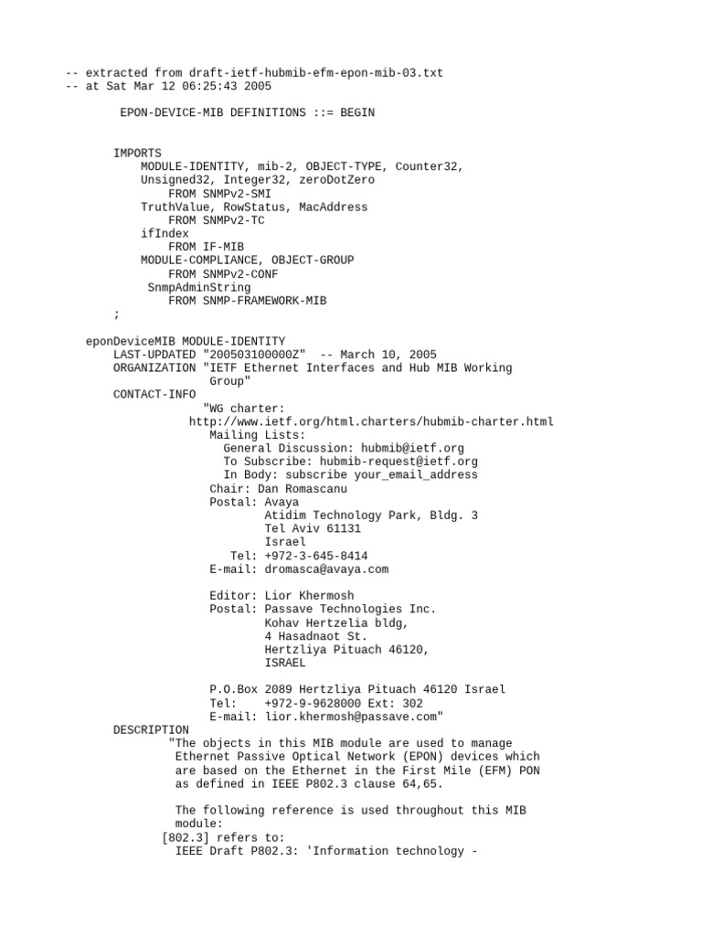 Possivel MIB - EPON-DEVICE-MIB - Mib | PDF | Ethernet | Network Protocols