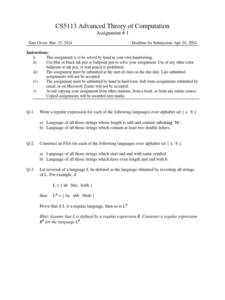 Theory of Computation Assignment | PDF | Computers