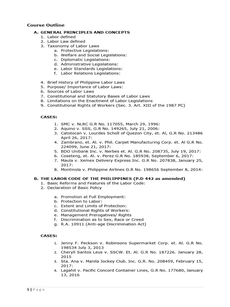 Course Outline Labor Law 1 | PDF | Employment | Welfare