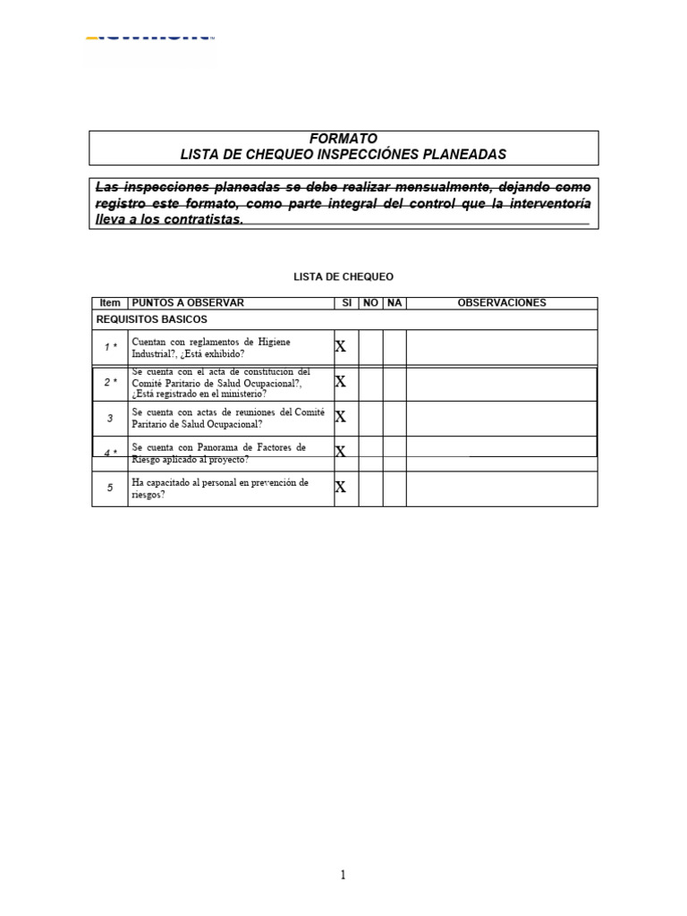 Formato Lista de Chequeo Inspecciónes Planeadas Termida | PDF ...