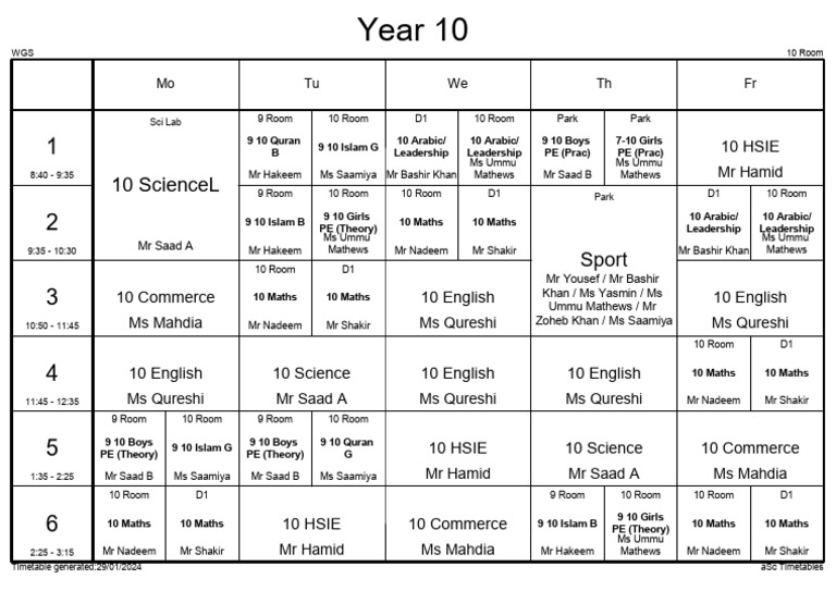 Year 10 Timetable (T1, 2024) | PDF