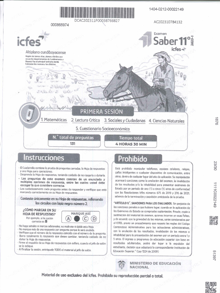 Cuadernillo Icfes Primera Sesion 2023-1 | PDF