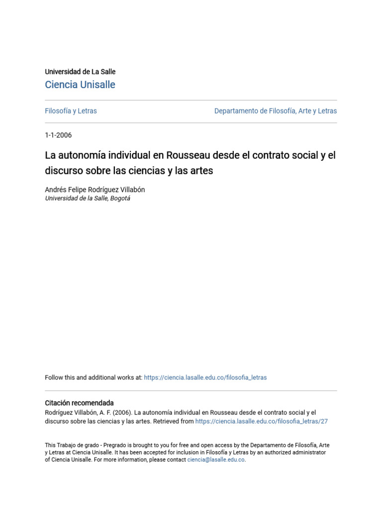 La Autonomía Individual en Rousseau Desde El Contrato Social y El | PDF ...