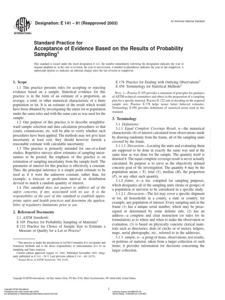 ASTM E 141 Standard Practice For Acceptance of Evidence Based On The ... ASTM E 141 Standard Practice For Acceptance of Evidence Based On The ...