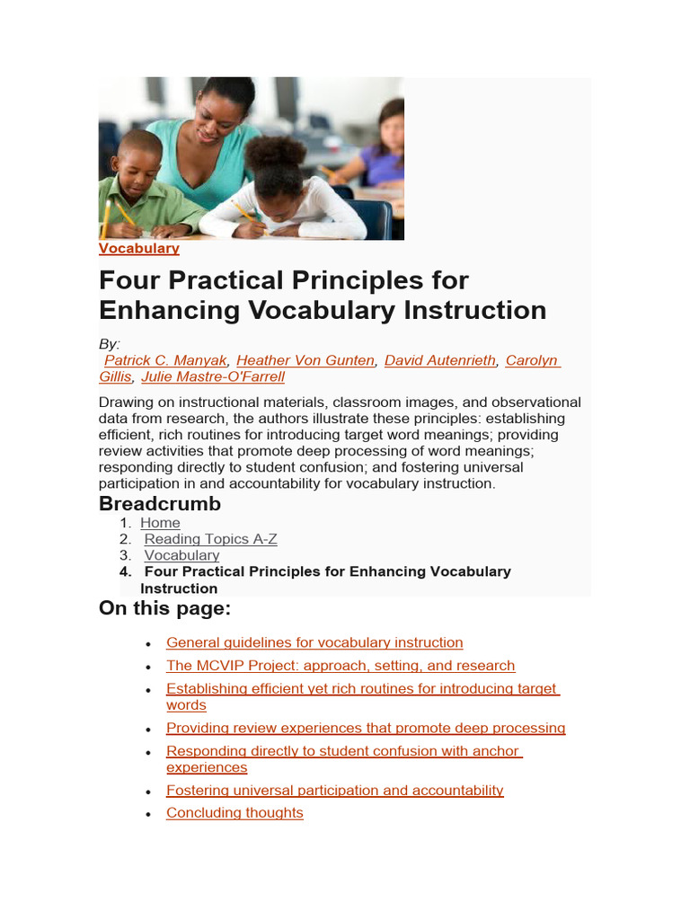 Four Practical Principles For Enhancing Vocabulary Instruction | PDF | Vocabulary | Teachers