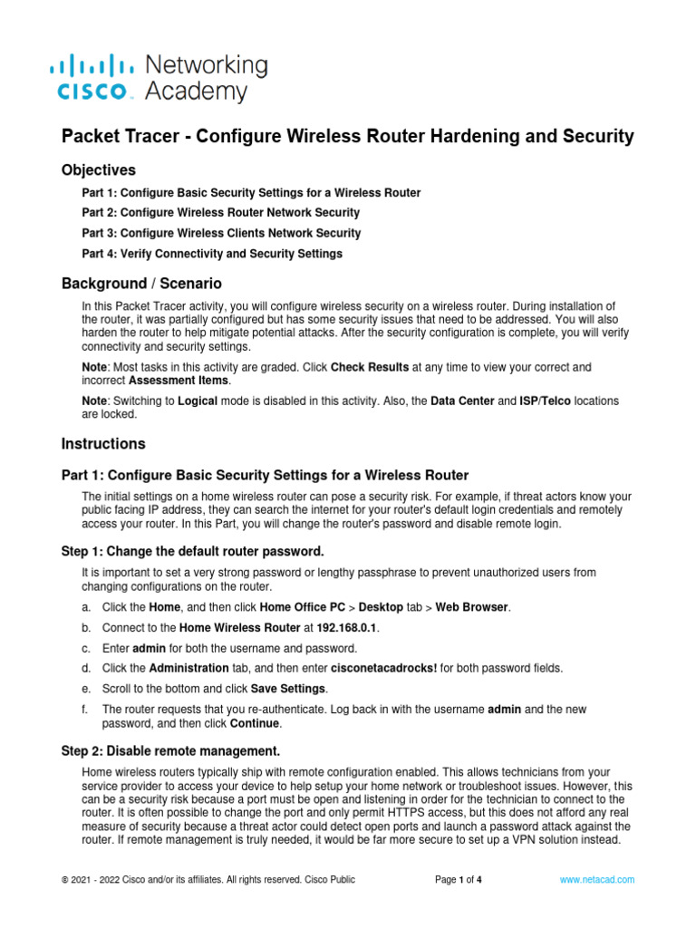 3.7.2 Packet Tracer Configure Wireless Router Hardening and Security Answer Key | Download Free ...
