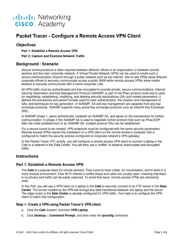 3.5.5 Packet Tracer Configure VPN For Remote Access Answer Key | PDF ...