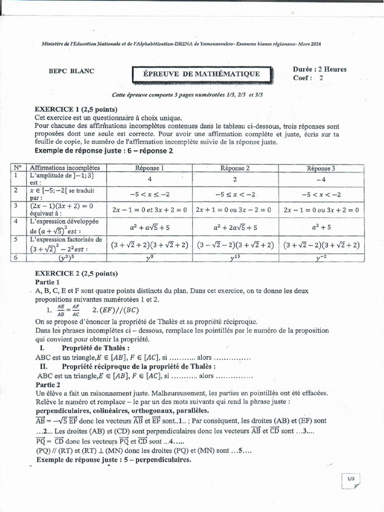 BEPC Blanc Regional 2024 Maths Yamoussoukro | PDF