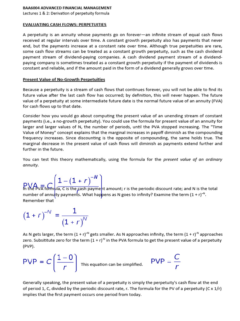 Lecture 1 + 2 - Derivation of Perpetuity Formula | PDF | Present Value | Mathematical Finance