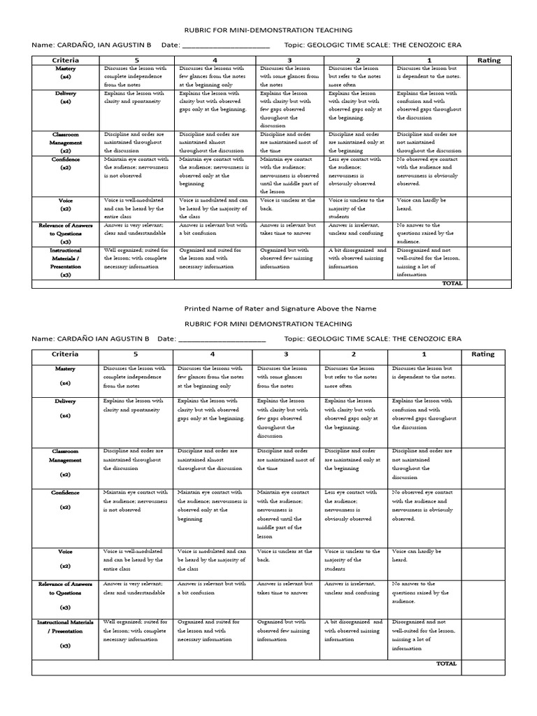 RUBRIC FOR MINI DEMO Teaching | PDF | Learning | Human Communication