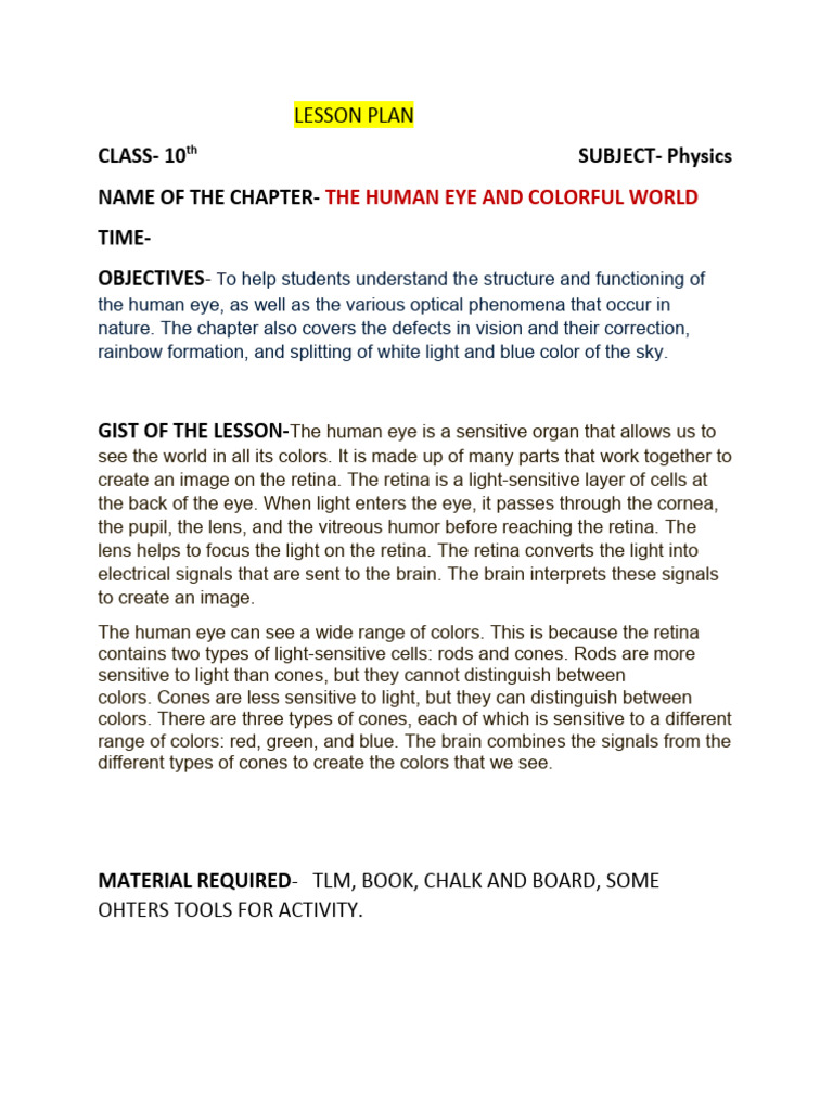 Human Eye and Colorful World Lesson Plan | PDF | Eye | Retina