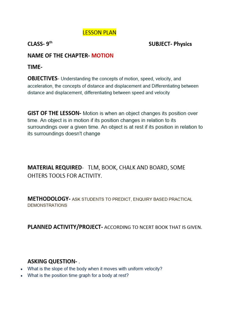 Class 9 Lesson Plan | PDF | Newton's Laws Of Motion | Velocity Class 9 Lesson Plan | PDF | Newton's Laws Of Motion | Velocity