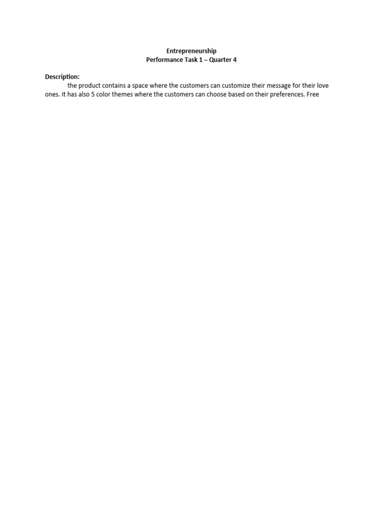 Entrepreneurship (Performance Task 1) | PDF | Art | Self-Improvement Entrepreneurship (Performance Task 1) | PDF | Art | Self-Improvement