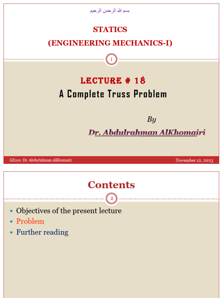 GE 201-Lecture-18 (A Complete Truss Problem) | PDF | Truss | Mechanics