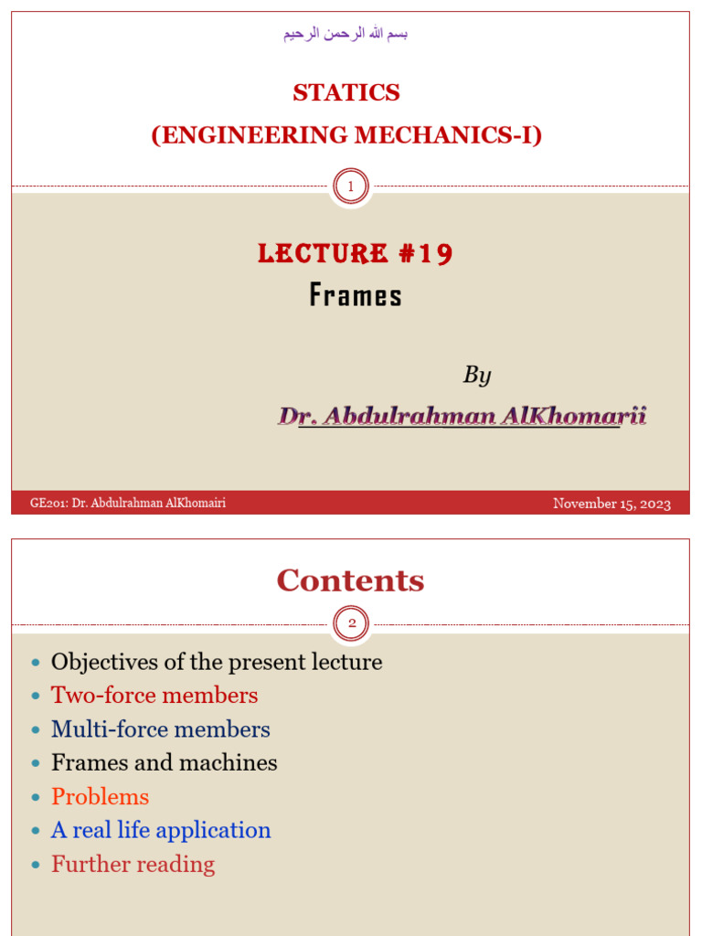 GE 201-Lecture-19 (Frames) | PDF | Force | Truss