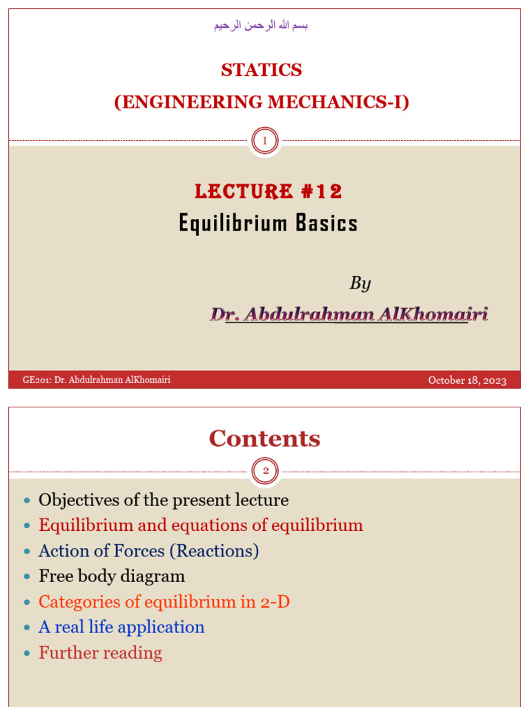 GE 201-Lecture-12 (Equilibrium Basics) | Download Free PDF | Force | Mechanics