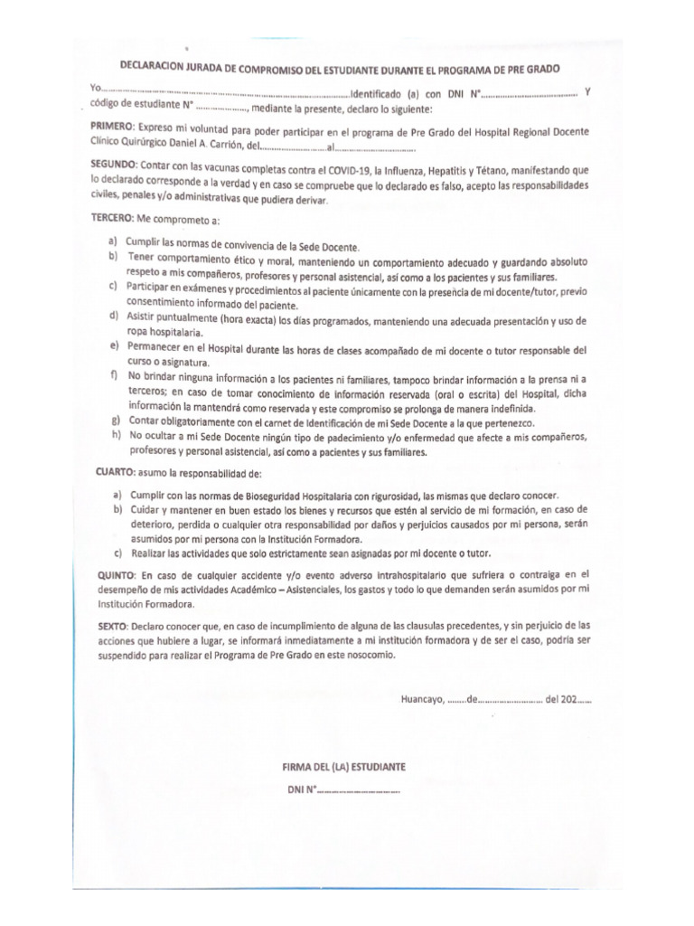 Declaracion Jurada de Compromiso Del Estudiante Durante El Programa de Pre Grado | PDF