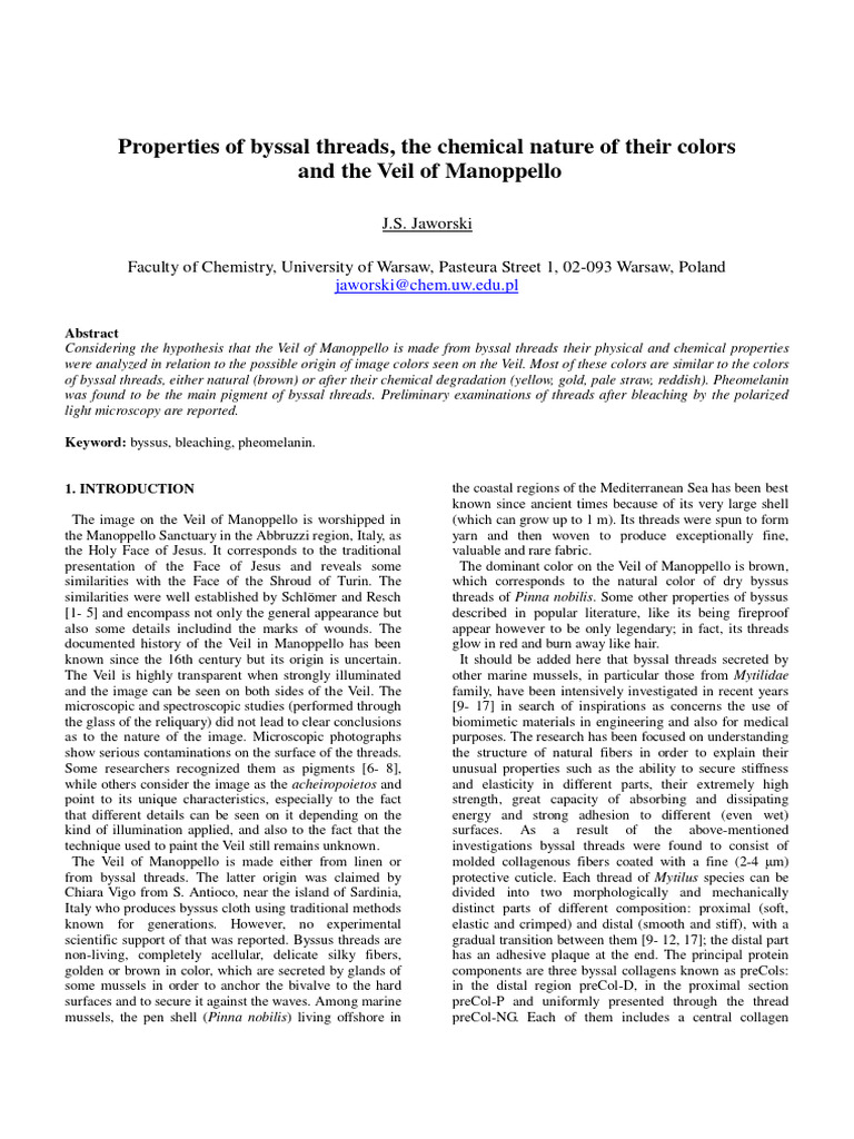 Byssal Threads and the Veil of Manoppello | PDF | Hydrogen Peroxide ...