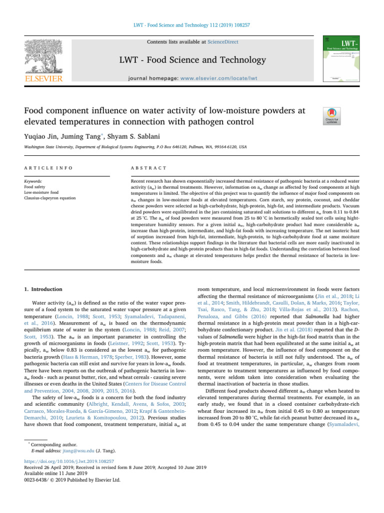 Food Component and Water Activity | PDF | Applied And Interdisciplinary ...