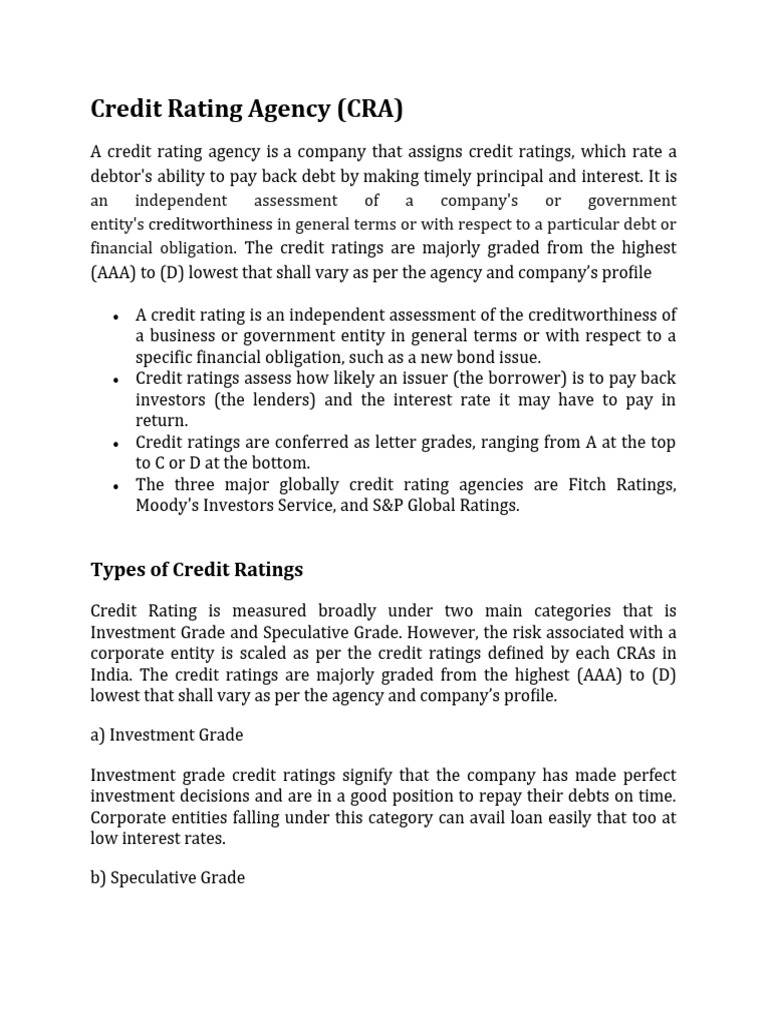 Credit Rating Agency (CRA) | PDF | Credit Rating | Finance & Money ...