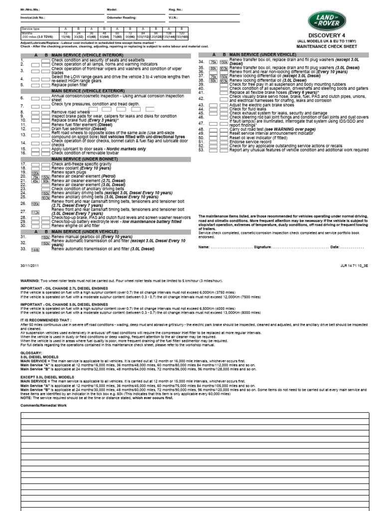 Maintenance Check Sheet Discovery 4 LA All Models 2010 2011MY