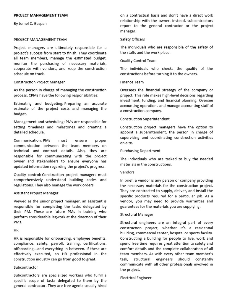 Project Management Team Handout | PDF | Project Management | General ...