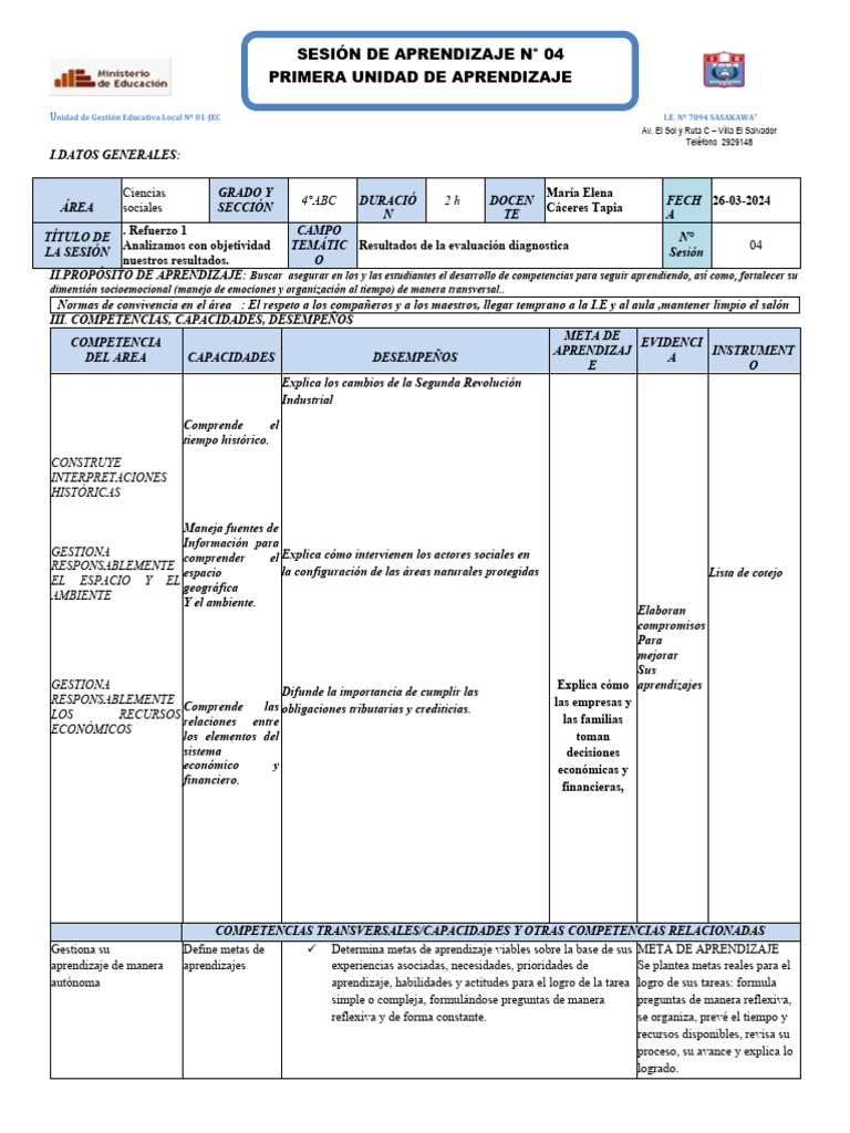 Sesion de Aprendizaje 03 - CCSS 4to Abyc | PDF | Evaluación | Aprendizaje