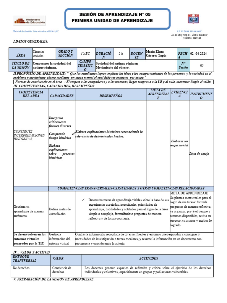 Sesion de Aprendizaje 05 - Ccss 4to Abyc | PDF | Aprendizaje | Evaluación