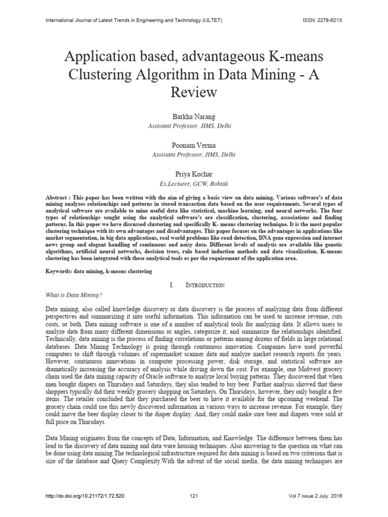 Application Based, Advantageous K-Means Clustering Algorithm in Data Mining - A Review | PDF ...