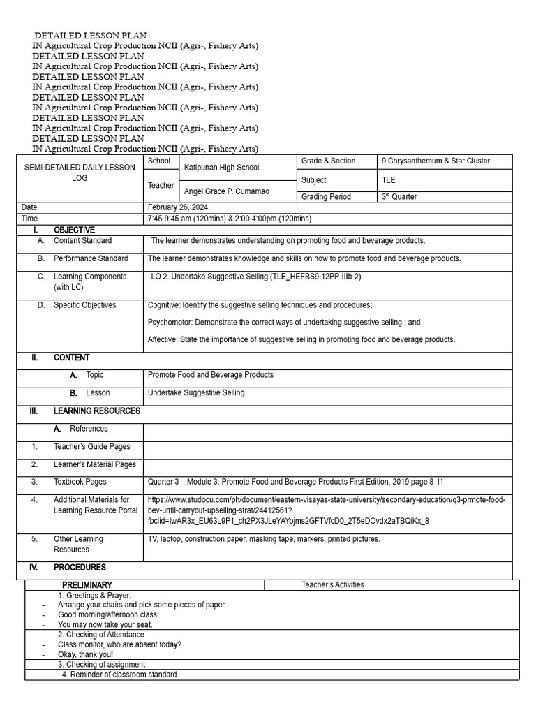 Tle 9 Suggestive Selling SDLP | PDF | Menu | Lesson Plan