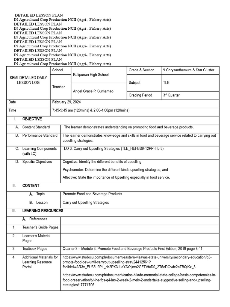 Tle 9 Upselling Techniques SDLP Edited | PDF | Menu | Lesson Plan