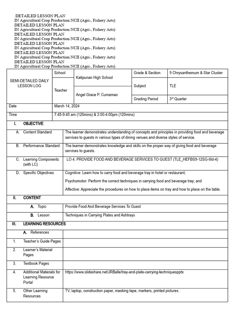 Tle-9-Techniques in Carrying Plates and Ashtrays | PDF | Lesson Plan ...