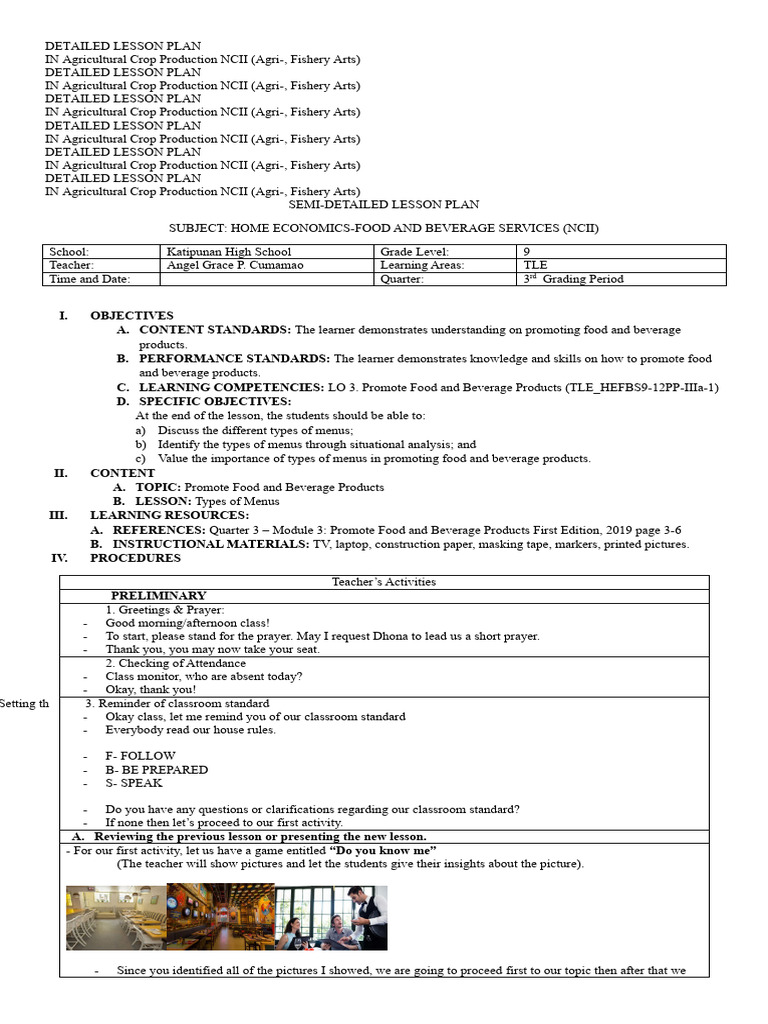 Tle 9 Types of Menu DLP | PDF | Menu | Vinegar