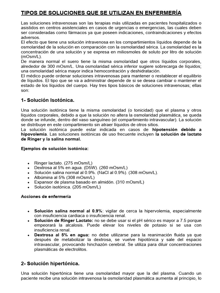 Tipos de Soluciones Que Se Utilizan en Enfermería | PDF | Edema | Sodio