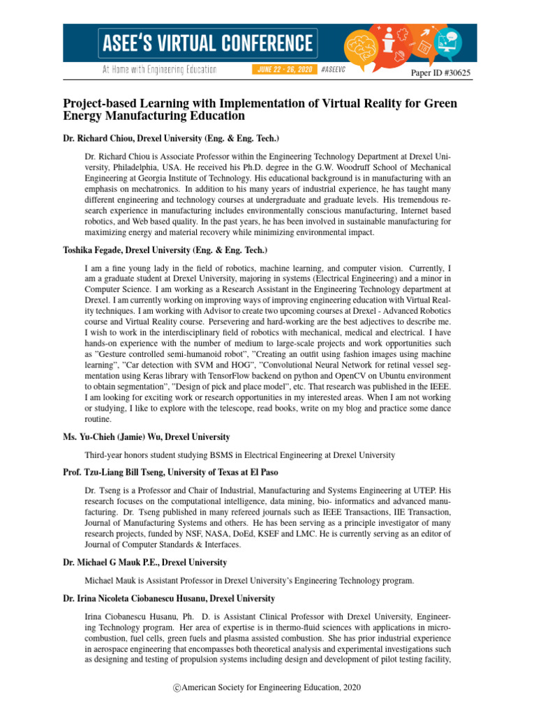 Project Based Learning With Implementation of Virtual Reality For Green Energy Manufacturing ...