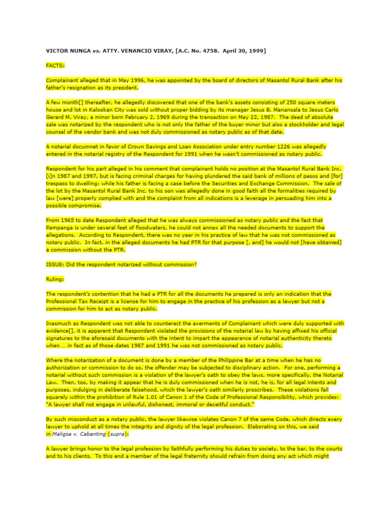 Digest VICTOR NUNGA vs. ATTY. VENANCIO VIRAY, (A.C. No. 4758. April 30 ...