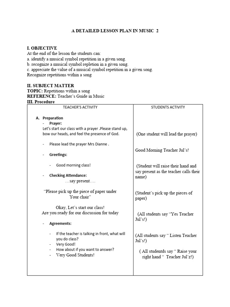A Detailed Lesson Plan in Music 2022 | PDF