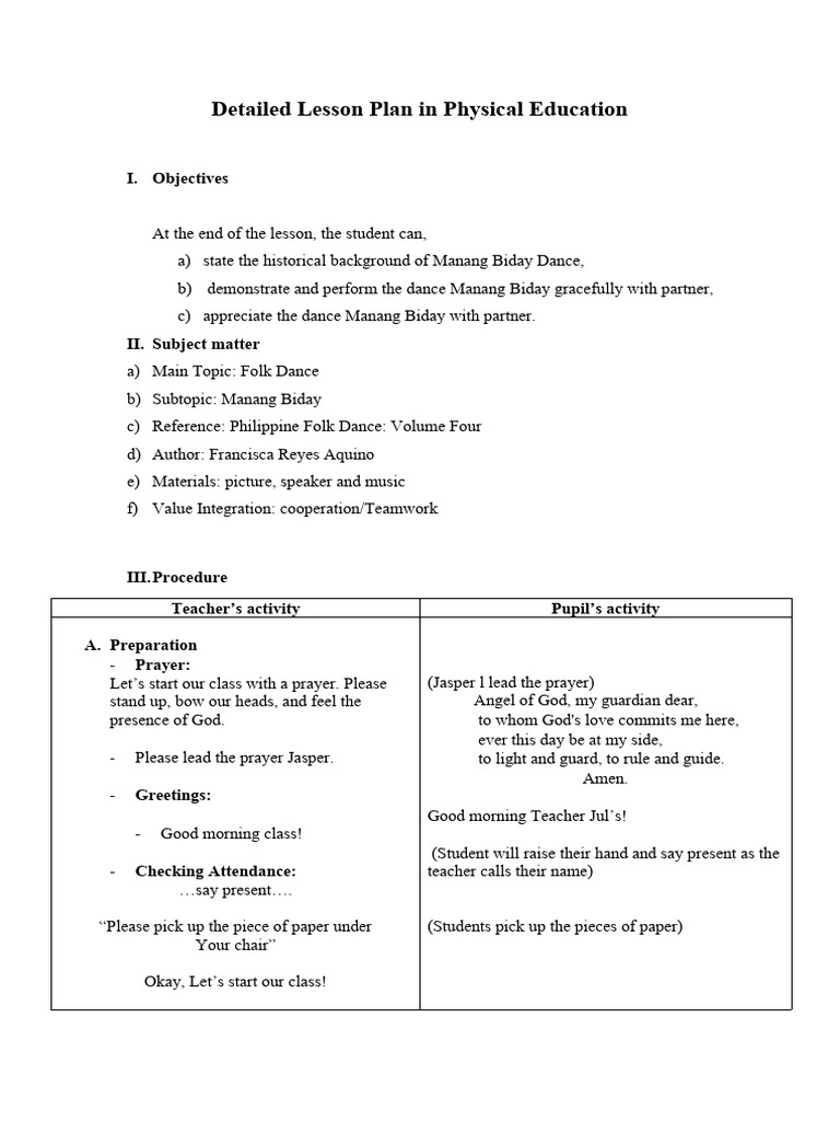 Lesson Plan Pe Manang Biday | PDF | Dances