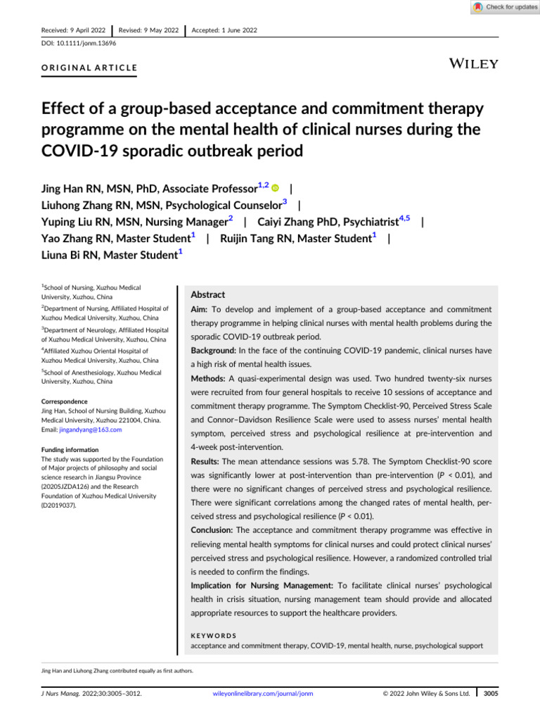 J Nursing Management - 2022 - Han - Effect of A Group Based Acceptance and Commitment Therapy ...