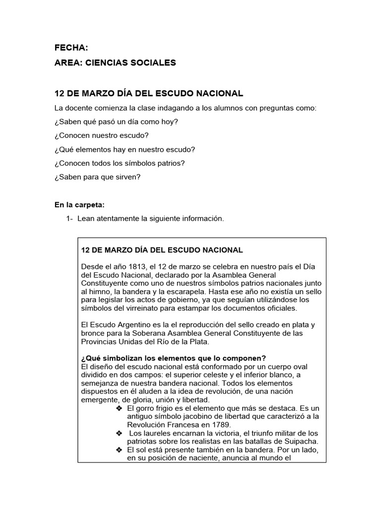 12 de Marzo Dia Del Escudo Nacional Argentino 5to Grado | PDF 12 de Marzo Dia Del Escudo Nacional Argentino 5to Grado | PDF