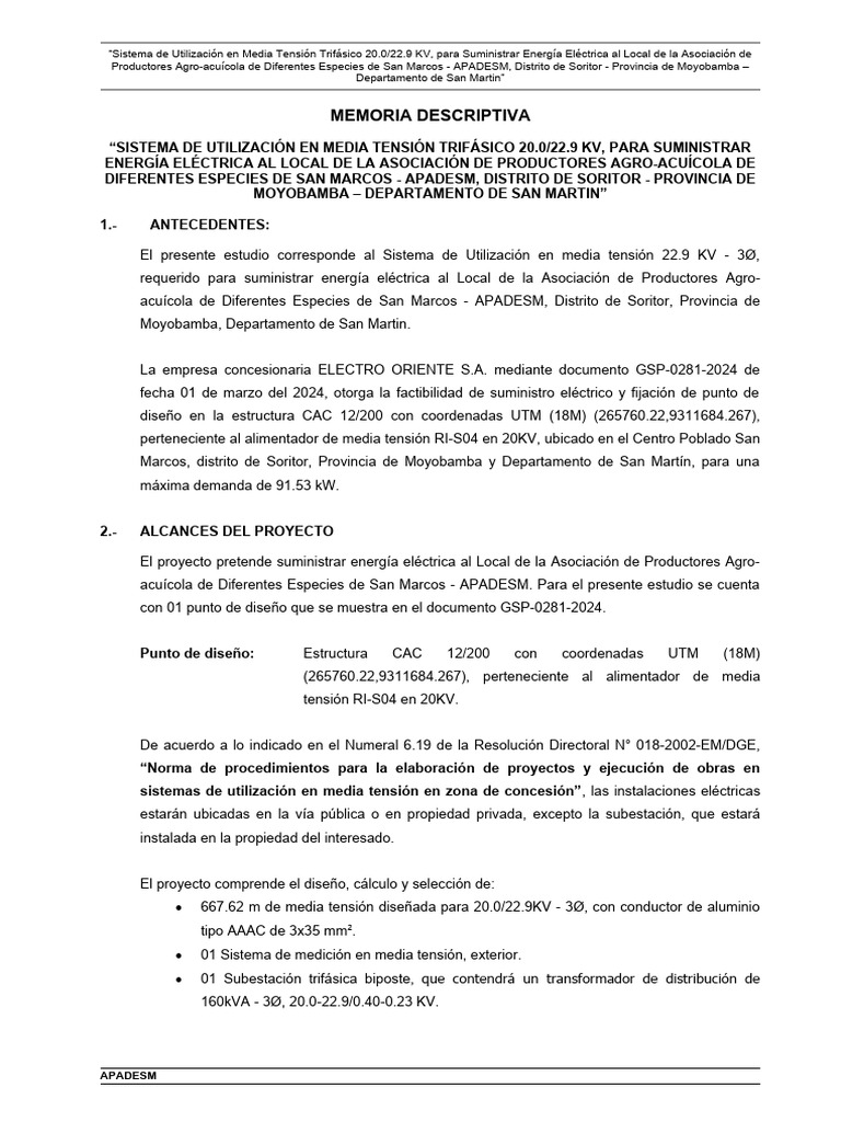 Memoria Descriptiva | PDF | Ingenieria Eléctrica | Aislador (Electricidad)