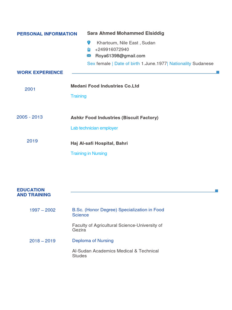 Sudanese Food Science and Nursing CV | PDF