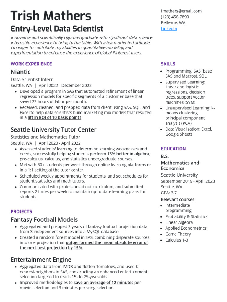 Entry Level Data Scientist Resume Example | PDF | Statistics | Sas ... Entry Level Data Scientist Resume Example | PDF | Statistics | Sas ...