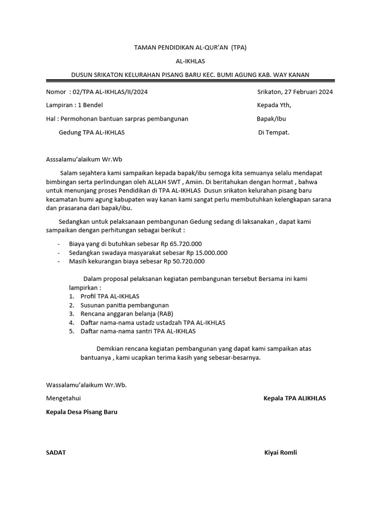 Proposal Tpa Al-Iklas 2024 | PDF
