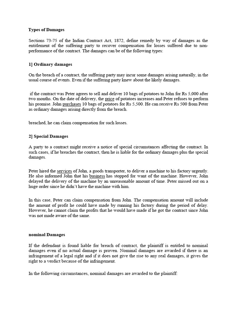 Types of Damages Sec 73 To 75 | PDF | Damages | Punitive Damages