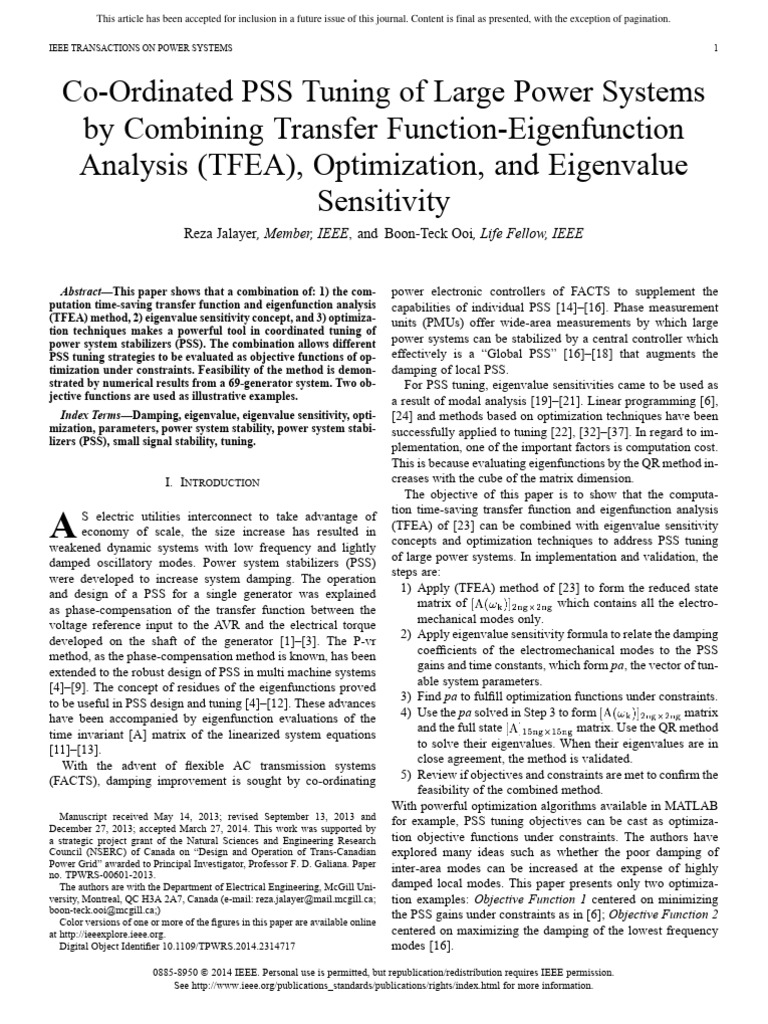 Co-Ordinated PSS Tuning of Large Power Systems by Combining Transfer Function-Eigenfunction ...