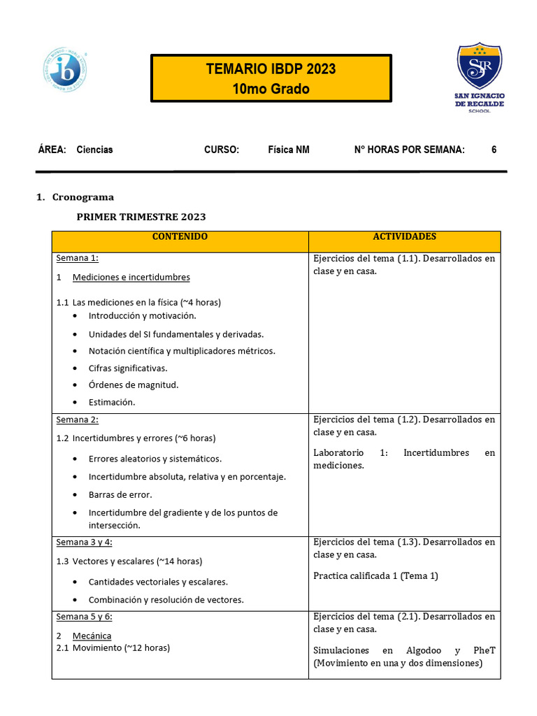 TEMARIO T1 Física IBDP 2023 - 10mo Grado 2 | PDF | Olas | Termodinámica