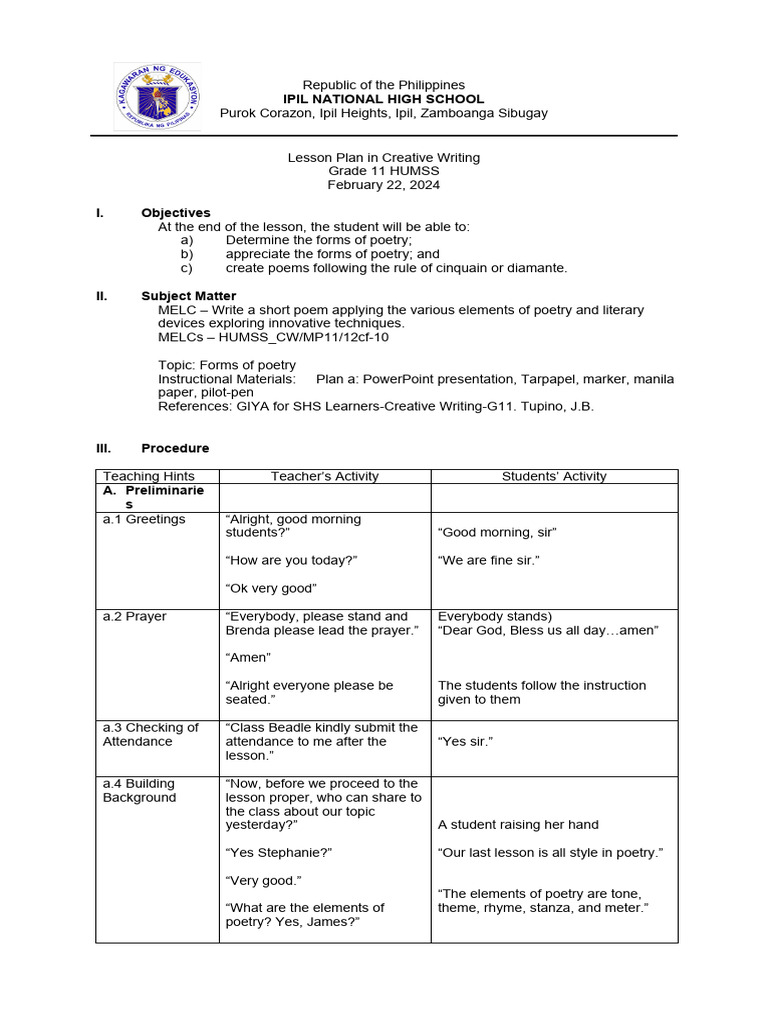 4-DLP-february 26, 2024-Forms of Poetry Creative writing-DLP | PDF | Poetry