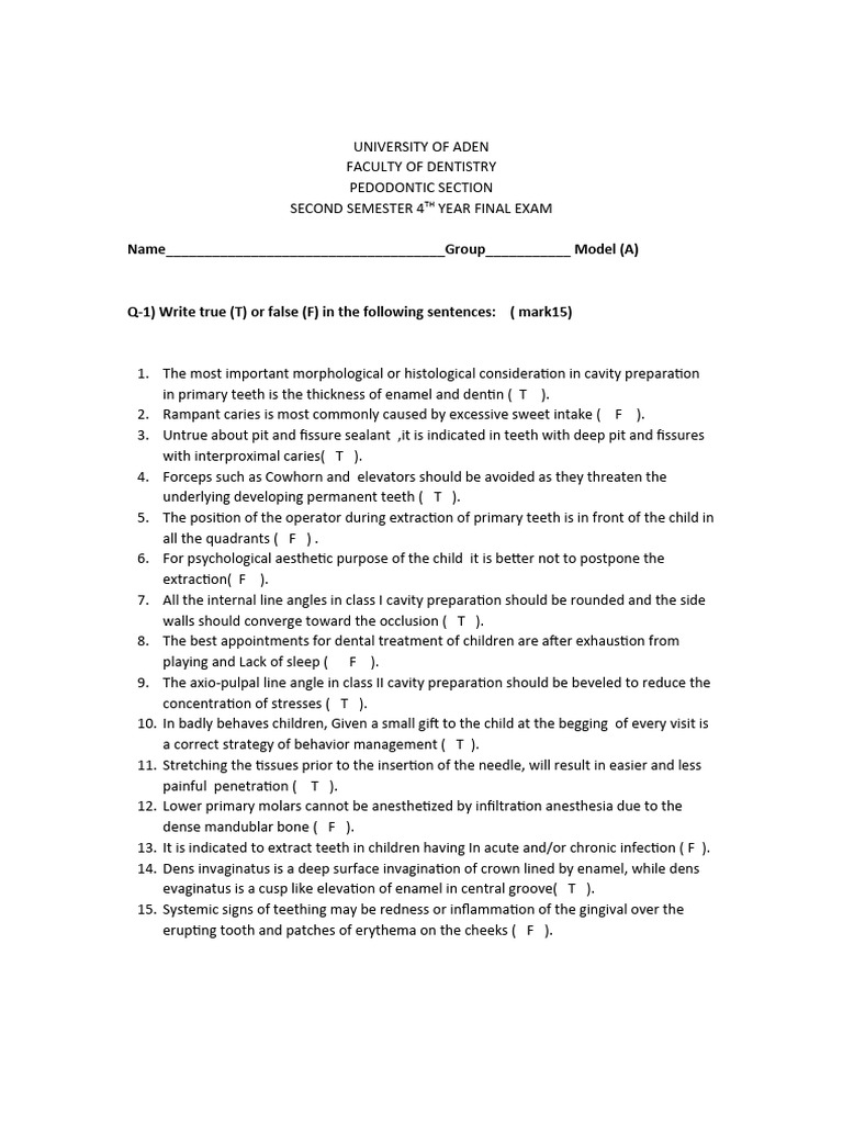2012 Pedo Final Exam1 | PDF | Tooth | Human Tooth