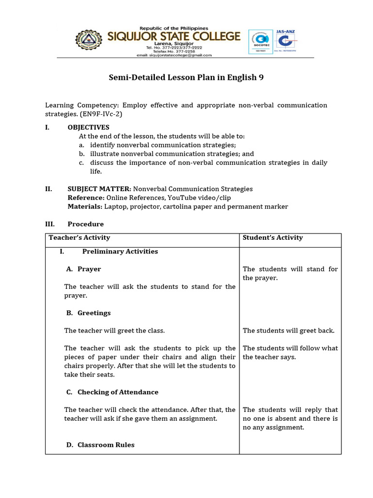 Revised Lesson Plan For Pre-Demo Teaching | PDF | Nonverbal ...